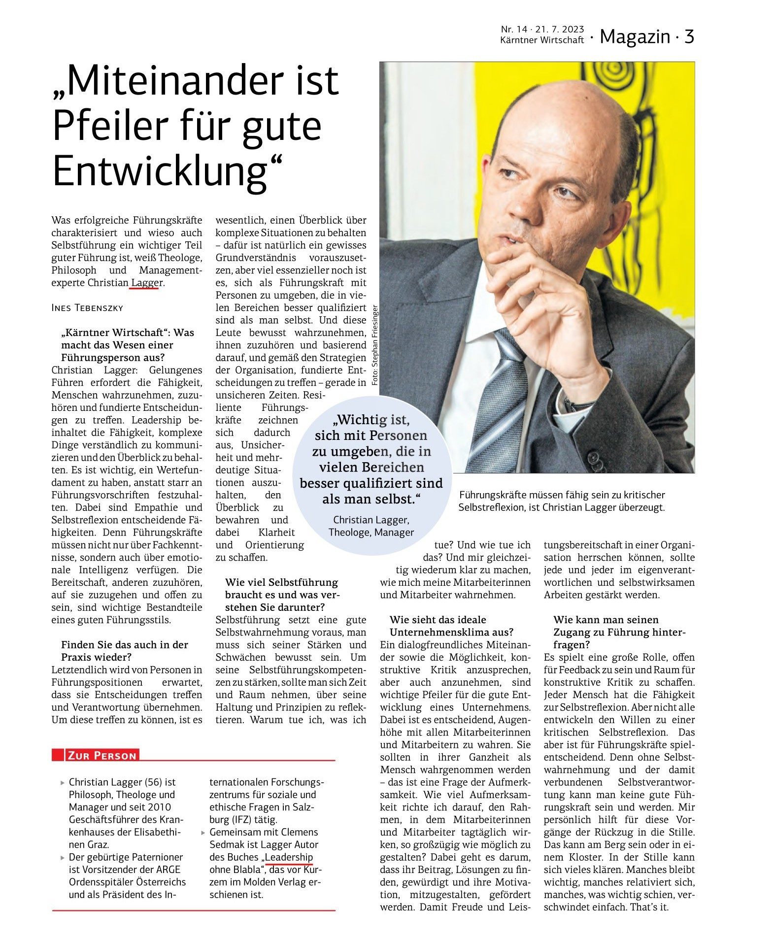 "Miteinander ist Pfeiler für gute Entwicklung": Christian Lagger im ...